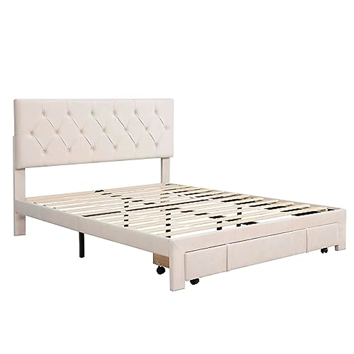 Queen Size Velvet Upholstered Platform Bed Frame with Headboard & Storage Drawer, Platform Bed with Sturdy Wooden Slats Support, No Box Spring Needed for Bedroom Small living Space (Beige, Queen)