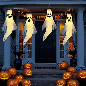 4 Pcs 45 Inch Halloween Hanging Ghost Decorations Outdoor Ghost Windsock Outsider Waterproof Timed Hanging Ghost Decorations Remote Control String of Lights Tree Ghost (Warm and Cold Lights)