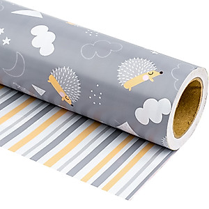 WRAPAHOLIC Reversible Baby Shower Wrapping Paper - Mini Roll - 17 Inch X 33 Feet - Cute Hedgehogs and Stripes Design for Birthday, Holiday, Party