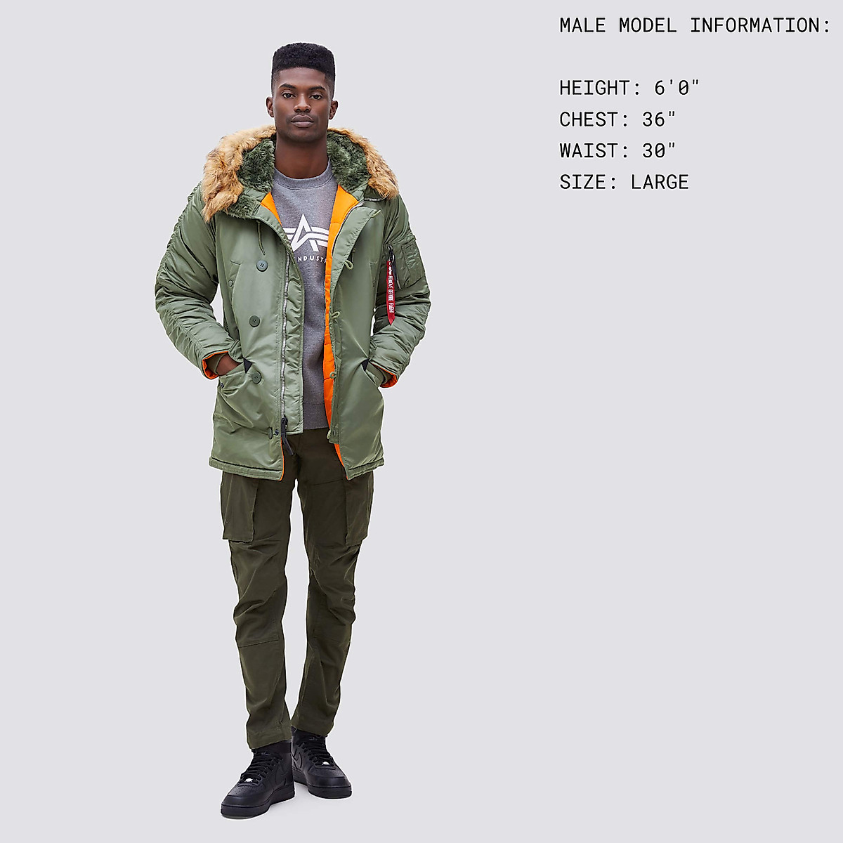 Alpha Industries N-3B Slim Fit Parka - Cold Weather Military Issue Parka - Sage, XL