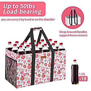 MHOMER Reusable Grocery Bags Extra Waterproof Large Tote Bag with Carrying Handles Reinforced Bottom Durable Oxford Fabric Foldable Shopping Bags for Storage Space Saving Red Heart Pattern