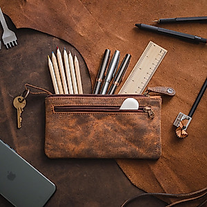 Moonster Leather Pencil Case Beautifully Handcrafted Zippered Pouch That’s Made To Last - Elegant, Practical Pencil Cases for Adults & Students - Unique 8" x 4" Design with Side Pocket & Keyring