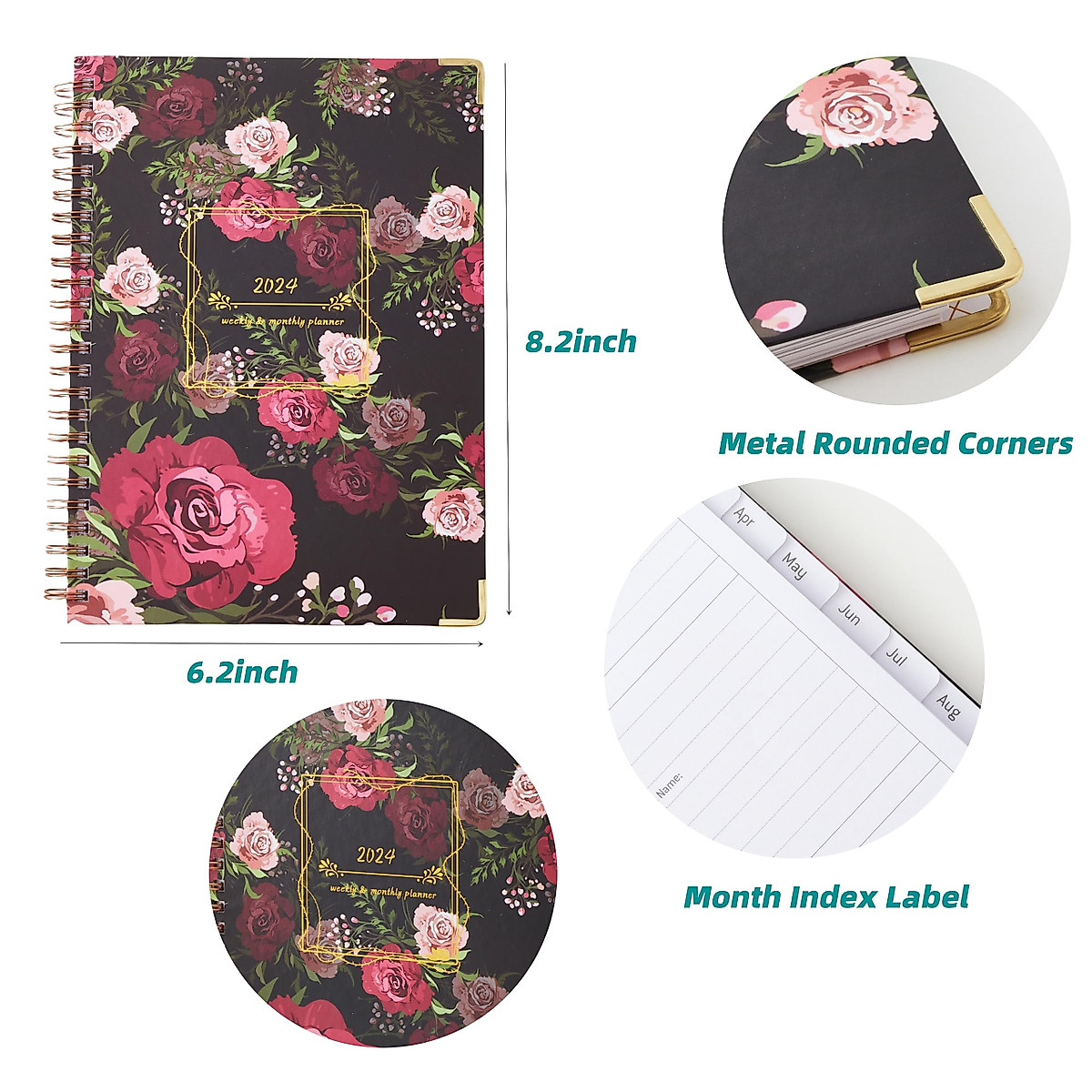 2024 Planner - Weekly & Monthly Planner with Tabs, 8.2'' x 6.2'', 12-Months Planner with Monthly Tabs, Twin-Wire Biding, Holidays, Notes Pages, Back Pocket - Floral