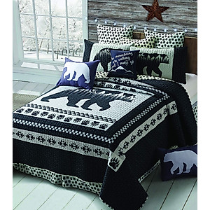 Virah Bella 3 Piece King Lodge Quilt Bedding Set - Moon Bear - Rustic Cabin Country Reversible Camping Comforter Set with Decorative Pillow Shams, Black/White