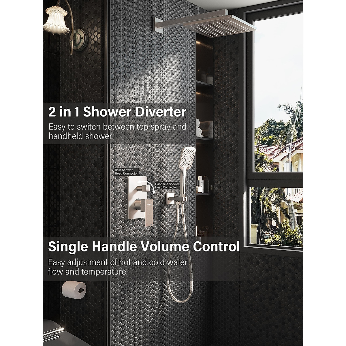 Gabrylly Shower System, Wall Mounted Shower Faucets Sets Complete for Bathroom with High Pressure 10" Rain Shower head and 3-Setting Handheld Shower Head Set, 2 Way Shower Valve Kit, Brushed Nickel