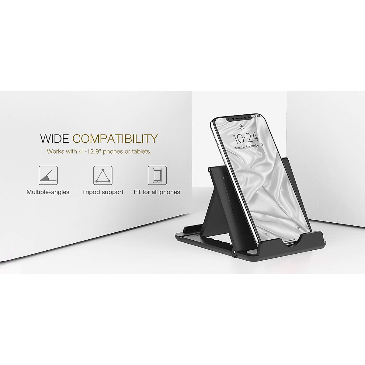 MoKo Phone/Tablet Stand, Foldable Desktop Holder Fit with iPhone 16/Pro/Pro Max/Plus, iPhone 15/Pro/Pro Max/Plus, iPhone 14/Pro/Pro Max/Plus, iPhone 13/Pro/Pro Max/Plus, Steam Deck, Black (Large)