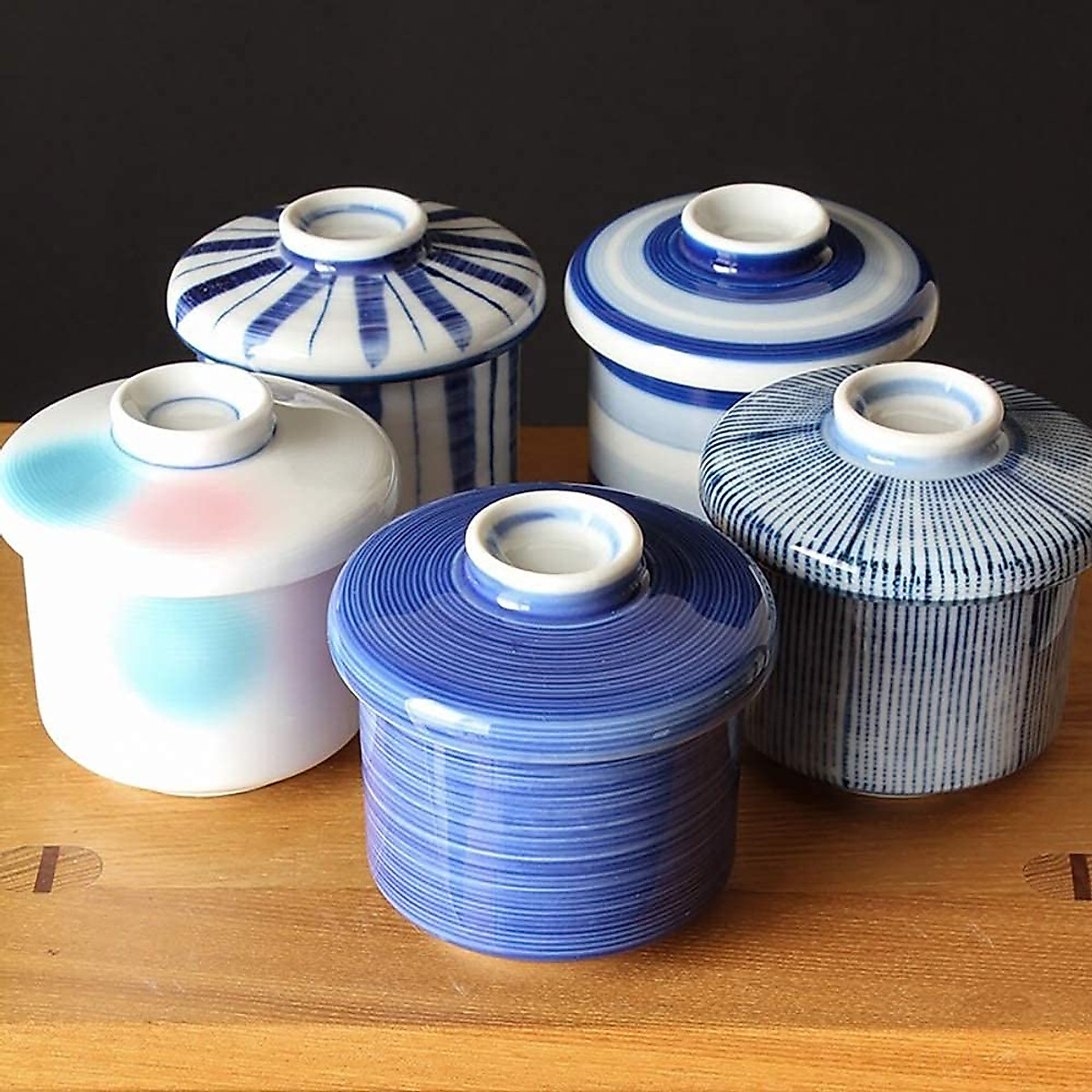 IPPINKA Japanese Porcelain Chawanmushi Cup with Lid, Seto-mono, Made in Japan, 105cc, Blue Hakeme Stripe