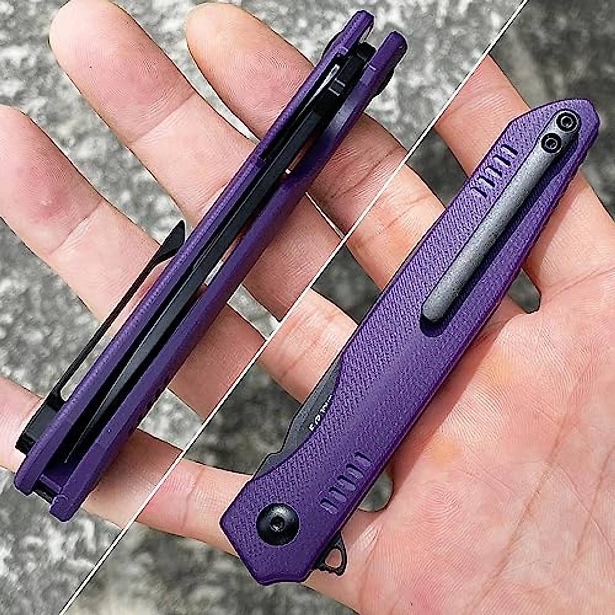 SHOOZIZ HAN312 Pocket Knife Folding Knife for EDC, 3.38" DC53 Steel Blade G10 Handle Folding knife With titanium alloy clip Ceramic ball bearing locating ball Everyday Carry Knife for Men Women (Purple+Black Blade)