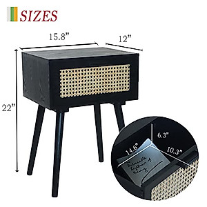 AWASEN Mid Century Nightstand with Drawer, Rattan Side Table for Living Room, Bedroom and Small Space, Solid Wood Legs & Natural Rattan Bedside Table, Easy Assembly (Black)
