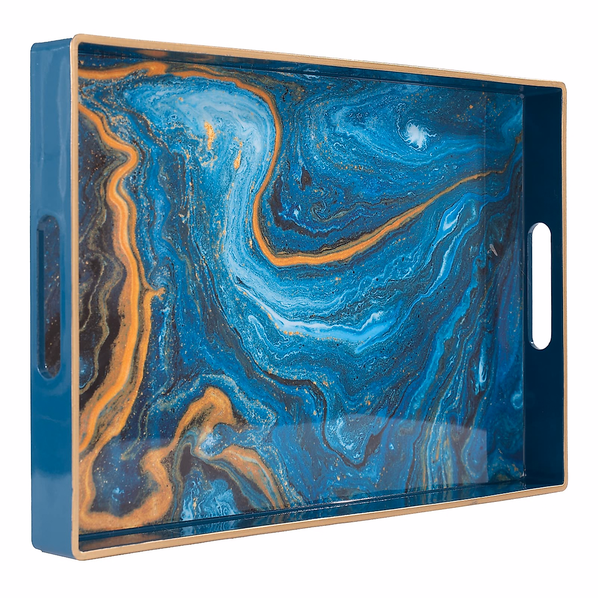 MAONAME Rectangle Decorative Tray, Plastic Serving Tray with Handles, Tempered Glass Coffee Table Tray and Serving Tray for Ottoman, Bathroom, 15.6” x 10.2”, Blue