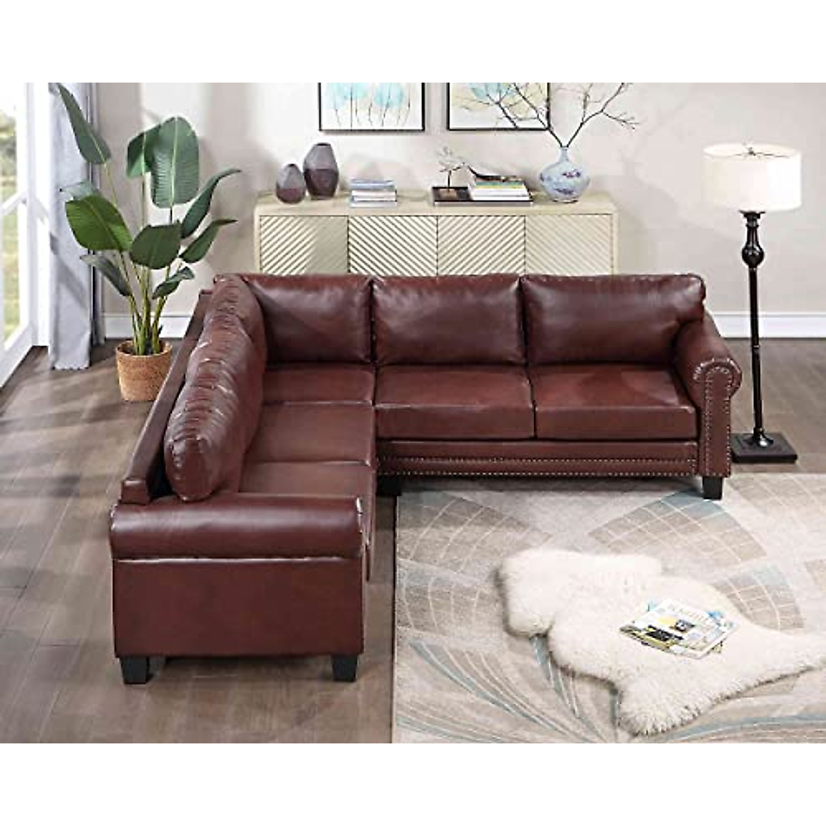 Cotoala Leather Sectional Sofa, L-Shape Corner Couch with Scroll Arms & Rivet Ornament for Living Room, Home Furniture, Apartment, Dorm, Brown PU