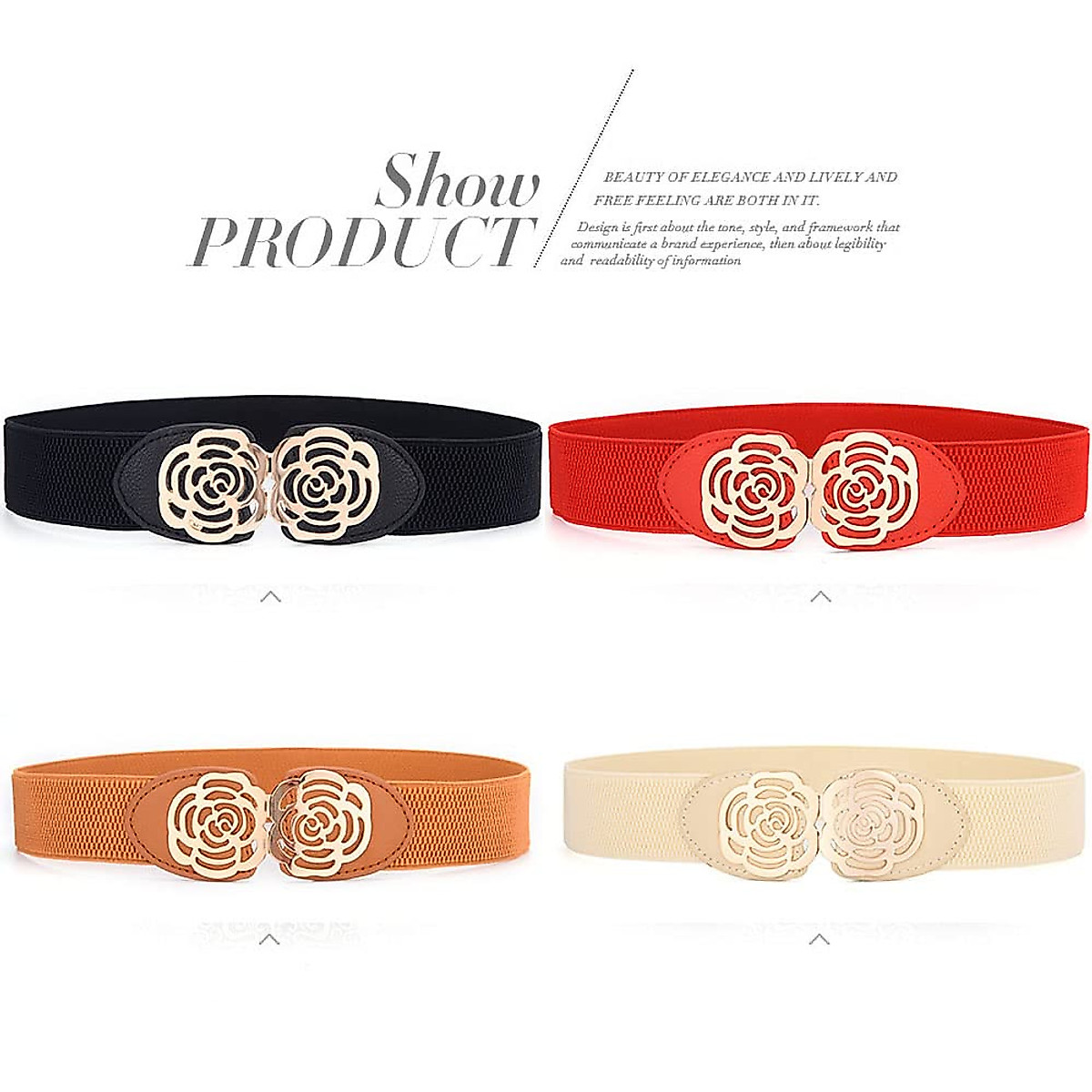 YOU&M Women's Elastic Metar Rose Double-Flower Stretch Corset Waist Belts for Elegant Dresses (Black)