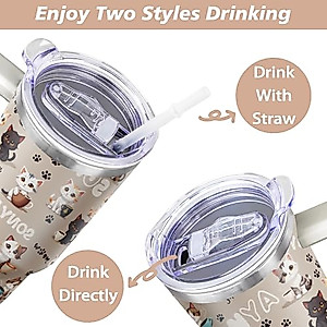 Mindunm 40 oz Cute Cat Tumbler with Handle and Straw Lid cat gifts for cat lovers for Women Double Insulated Cup Travel Coffee Mug