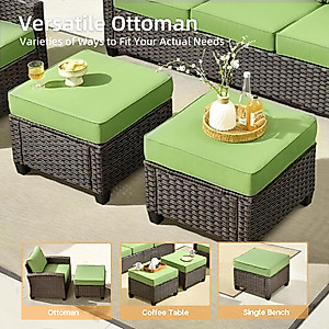 CAODOC Patio Furniture Set, 5 Pieces Outdoor Wicker Rattan Sofa Couch with Chairs, Ottomans and Comfy Cushions, All Weather High Back Conversation Set Garden Backyard, Brown Rattan Green Cushions