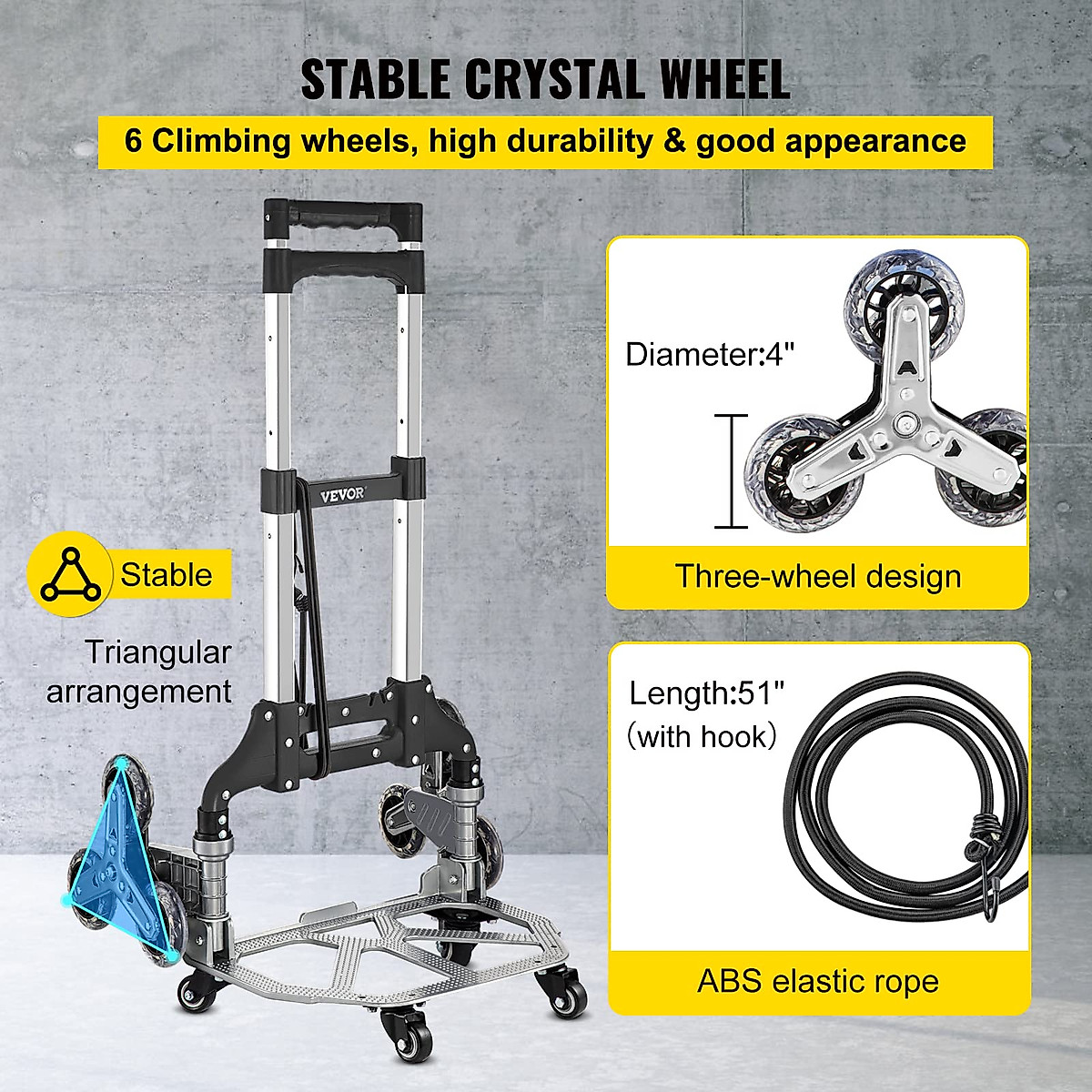 VEVOR Stair Climbing Cart, 15.4" x 10.6" Folding Hand Truck, 176 LBS Weight Capacity Aluminum Alloy Hand Cart with 10 Crystal Castors Suitable for Carry Luggage, Shopping Groceries, Transport Goods