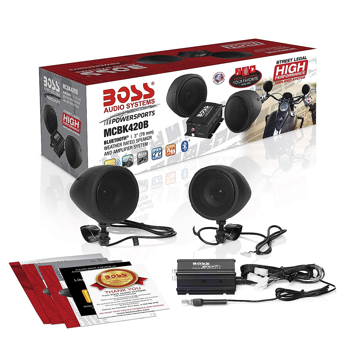 BOSS Audio Systems MCBK420B Bluetooth Speaker System - Class D Compact Amplifier, 3 Inch Weatherproof Speakers, Volume Control, Great for Use with ATVs/Motorcycles, 12 Volt Vehicles