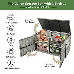 Outdoor 110 Gallon Rattan Deck Box, Wicker Patio Storage Cabinet Waterproof Storage Double Openable Door Cabinet Rattan Storage Deck Box with Lid and Separate Storage Shelf for Garden, Patio, Porch, Yard, can Store Cushions, Tools, Toys,Gray