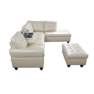 97 in L-shaped Sectional Couch, Button Tufted Upholstered Faux Leather Sofas w/ Chaise Lounge, Living Room Modular Furniture Sets, Foldable Console with Cup Holders, Wood Frame Metal Legs (White)