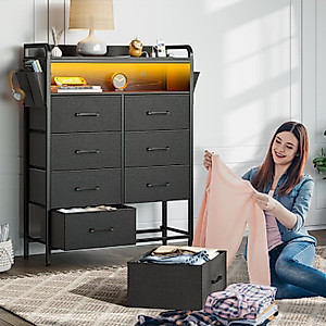 Rolanstar Dresser with Power Outlets and LED Lights, 8 Drawers Dresser with Side Pockets, Fabric Chest of Drawers with PU Finish, Tall Dresser with Sturdy Frame & Wood Top for Bedroom, Black