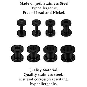 Vsnnsns 14G 12G 8G 6G 4G 2G 0G 00G 316L Surgical Stainless Steel Ear Gauges Tunnel Plug Earrings Expander Stretcher Piercings Jewelry for Women Men 8 Pairs Black 1.6mm - 10mm 14 Gauge - 00Gauge