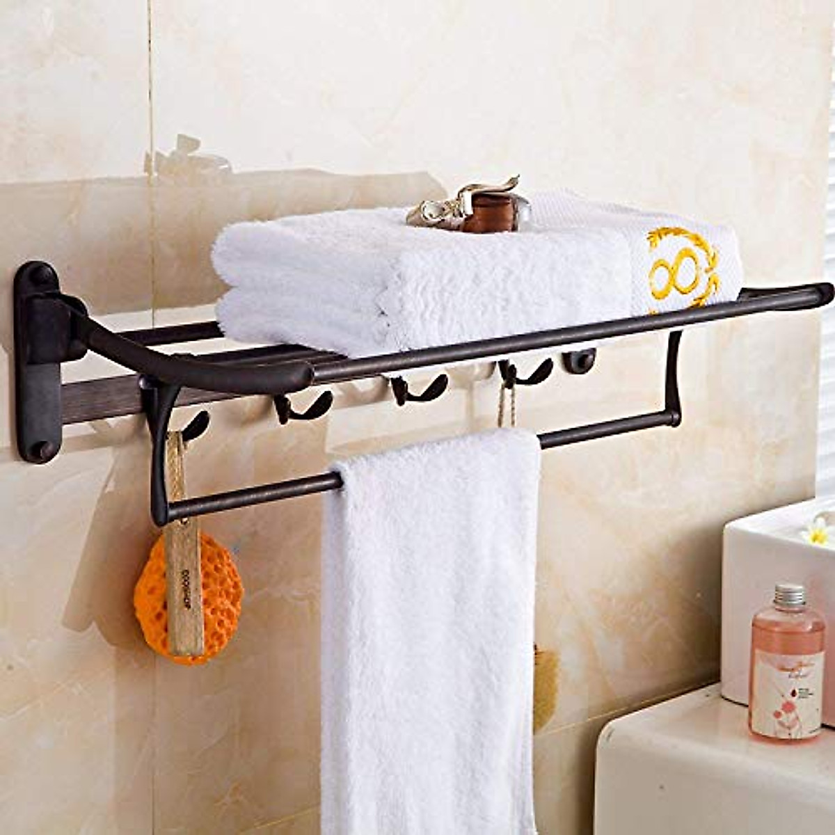 ELLO&ALLO Oil Rubbed Bronze Towel Racks for Bathroom Shelf with Foldable Towel Bar Holder and Hooks Wall Mounted Multifunctional Rack
