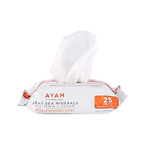 AYAM Beautycare Dead Sea Minerals + Vitamin C Serum Makeup Remover Wipes, Facial Cleansing Towelettes, Safe for Sensitive Skin, Removes Makeup, Oil, Dirt, 25 Count