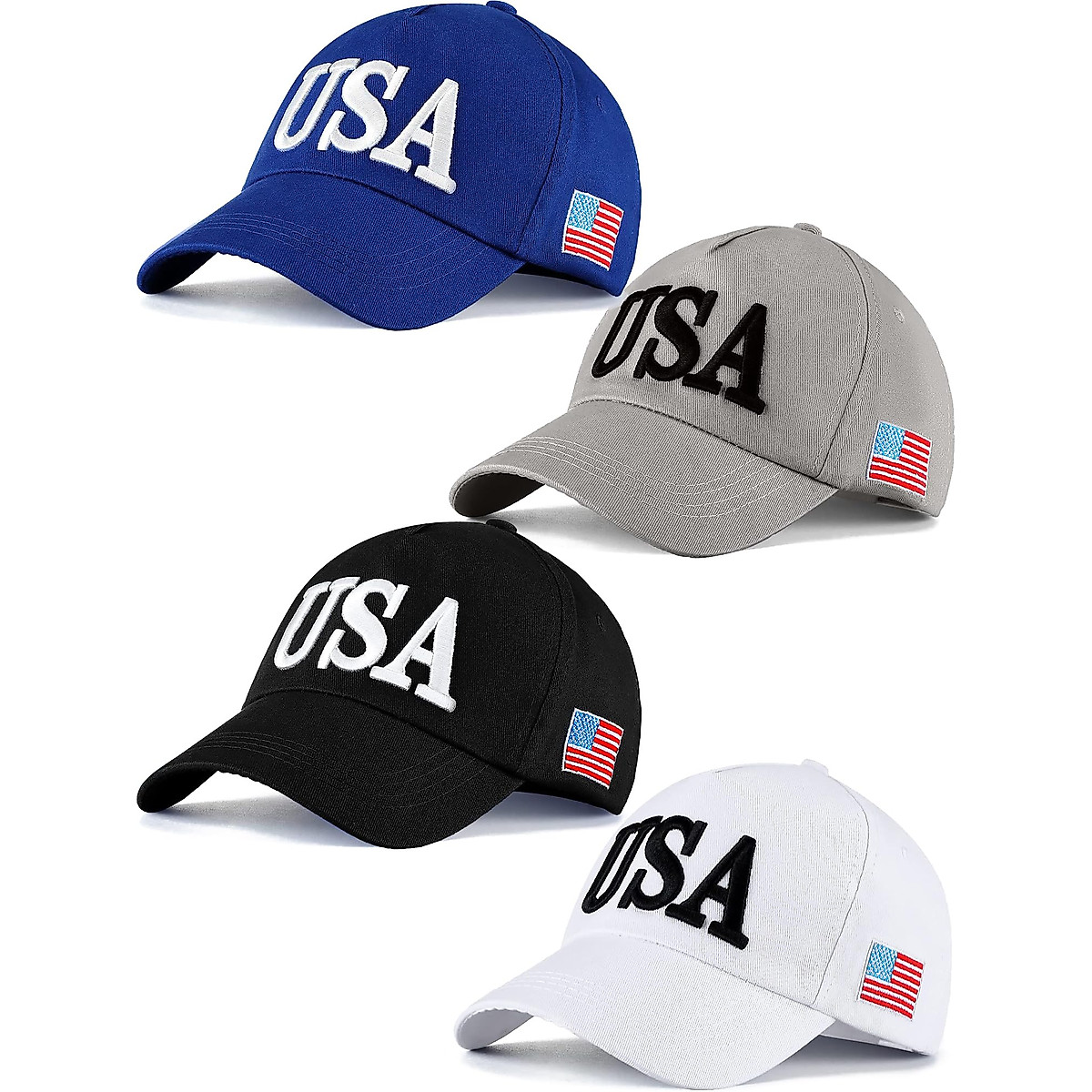 ROLVNHTV 4 Pieces USA Hats for Men American Flag Cap Adjustable Embroidered Patriotic Black Baseball Hat Trucker Hat for Men Women