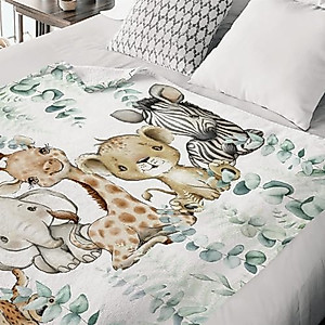 HawSkgFub Safari Jungle African Animal Eucalyptus Leaf Baby Blanket Boys Gift, Elephant Giraffe Lion Flannel Fleece Nursery Bed Blankets, Soft Lightweight Newborn Infant Toddler Crib Bedding 30 x 40