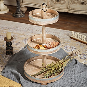 SOFE 3 Tier Tray Wood for Spring Easter Decor, Distressed Brown Farmhouse Tiered Tray Stand, Rustic Tiered Serving Tray, Three Tiered Tray Decor Items for Coffee Bar, Kitchen Counter, Party, Table
