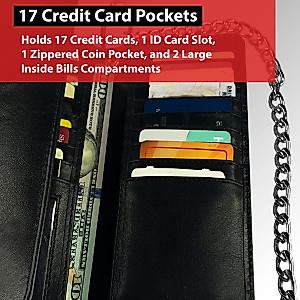 IBRO Motorcycle Chain Wallet for Men – 100% Natural Genuine Leather, Long Trifold RFID Blocking, Credit Card Money Organizer - Men’s Trucker Biker Metal Chain Wallets Black