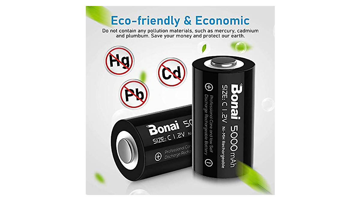 BONAI Rechargeable C Batteries 5,000mAh 1.2V Ni-MH High Capacity High ...