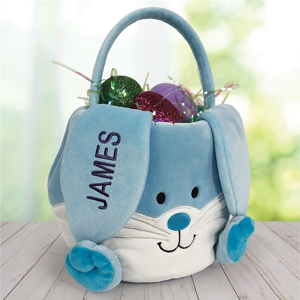 GiftsForYouNow Embroidered Plush Blue Bunny Personalized Easter Basket for Little Boys, Easter Egg Hunt Tote, Perfect for Toys and Candy, 10" W x 7" H x 9" D