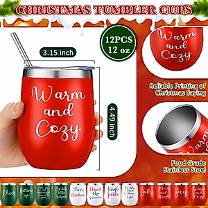 Ziliny 12 Pcs Christmas Wine Tumbler Set, 12 Oz Stainless Steel Double Wall Vacuum Insulated Coffee Mug Stemless Xmas Wine Glasses With Lid Straw Brushes for Women Friends Men Travel Gifts (Texts)