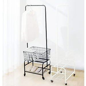 Rolling Laundry Basket with Wheels,Clothing Rack for Garment Hanger,Storage Metal Cart, White Color, Large Capacity Room Organization,Metal Movabel Laudry Basket, (White)