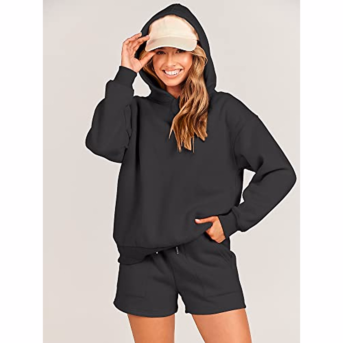 ANRABESS Women 2 Piece Outfits Hoodies Short Set Oversized Fleece Sweatshirt Shorts Sweatsuit Y2K 2023 Fall Clothes Lounge Matching Sweat Set 1046heise-L