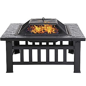 Fire Pit, 32” Outdoor Metal Fire Pit Table with Durable Steel Frame, Poker & Mesh Cover, Wood Burning Square Fireplace Backyard Patio Stove for Camping Picnic Bonfire BBQ, Black