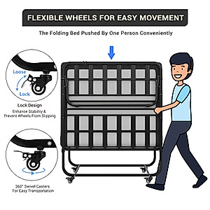 DICTAC Folding Bed with Mattress 75x38 Twin Size Bed Frame Portable Foldable Guest Bed for Adults Rollaway Bed with Wheels Fold up Bed with Metal Slats Bed Frame- 5'' Luxurious Memory Foam Mattress