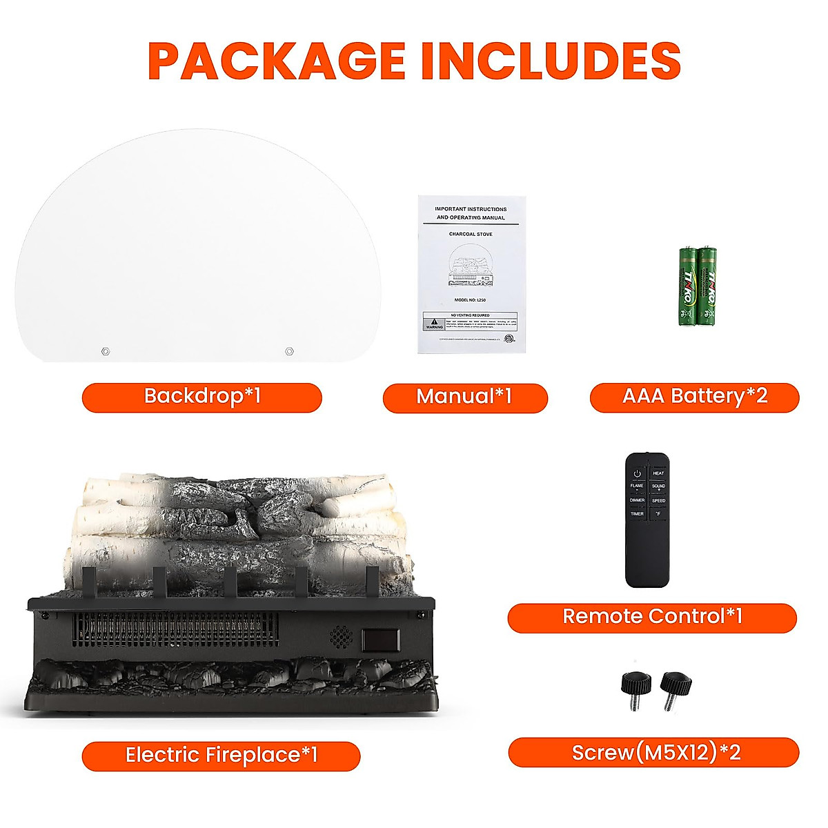 Rintuf Electric Fireplace Logs Set, 1500W Fireplace Insert Log Heater, Overheat Protection, Remote Control, Timer, 5 Flame Brightness/Speed & 4 Flame Sound, 20" Black Fireplace for Living Room Bedroom