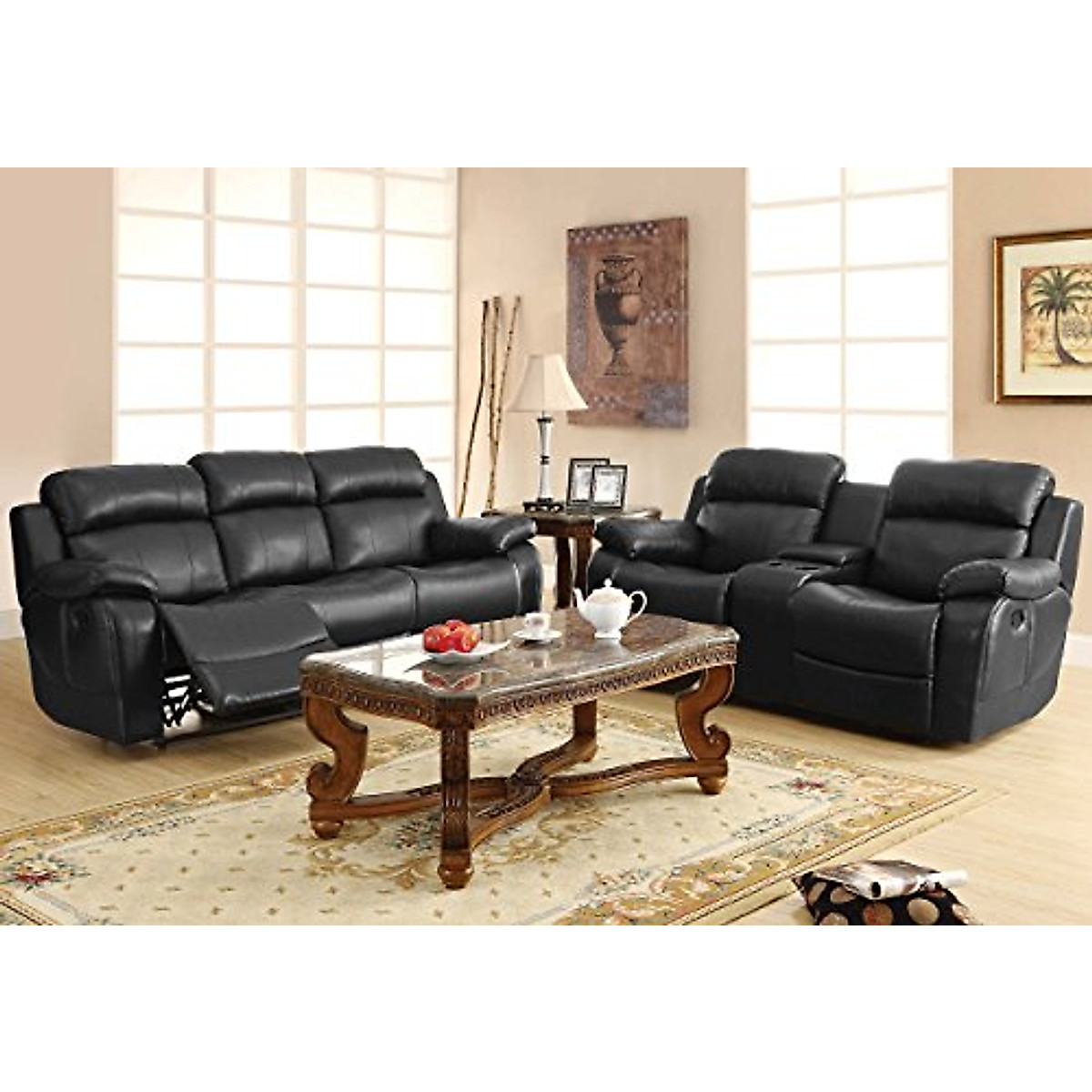 Homelegance Marille Reclining Sofa w/ Center Console Cup Holder, Black Bonded Leather