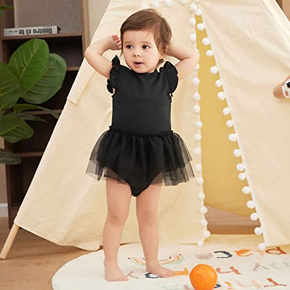 ROMPERINBOX Baby Girl Ruffle Dress Bodysuit Black Summer Newborn Infant Tulle Romper Dresses 0-24 Months (3-6 Months)