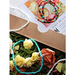 Hicarer Women Bead Choker Necklace Colorful Bohemian Seed Bead Chain Women Boho Hawaiian Tiny White Turquoise Layered Collar