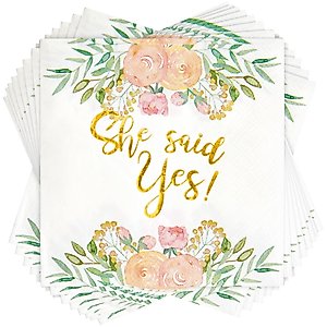 Sparkle and Bash 50 Pack Gold Foil She Said Yes Napkins for Engagement Party Supplies, Bridal Shower Decorations, Luncheon, Wedding Decor, Disposable, 3-Ply (White, 5 x 5 Inches)