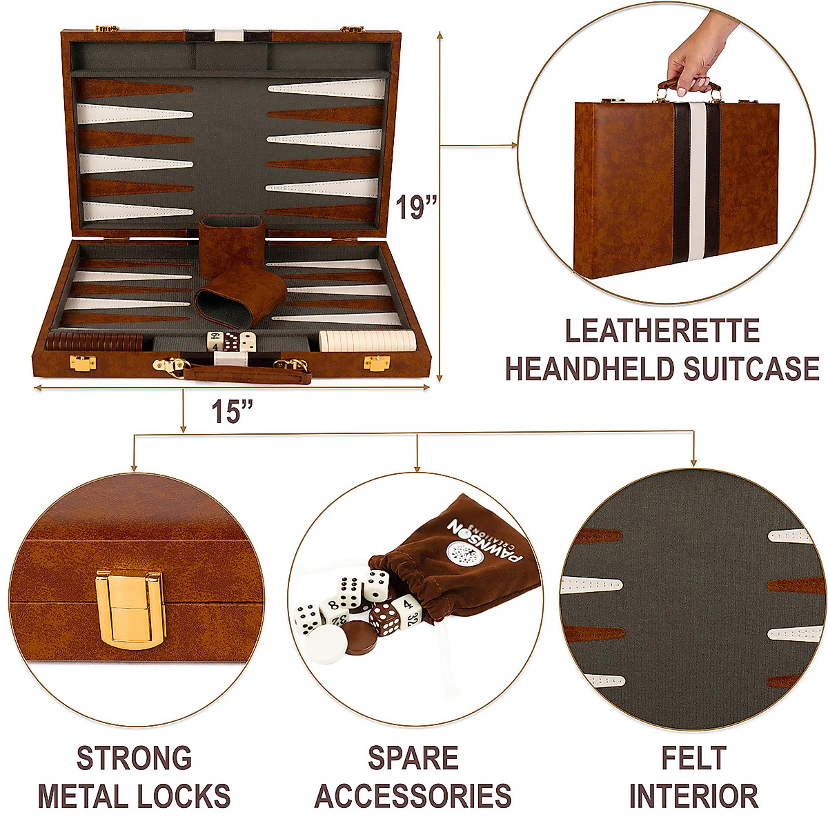 Backgammon Set - 15 Inch Classic Backgammon Board Game Sets Handheld - Backgammon Sets for Adults and Kids - Brown Faux Leather Case - Instruction