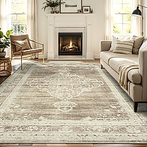8x10 Area Rugs for Living Room Washable, Neutral Vintage Rug Large for Dining Room Bedroom Carpet Farmhouse Non Slip Low Pile Pet Friendly Area Rug 8 by 10 Indoor - Beige