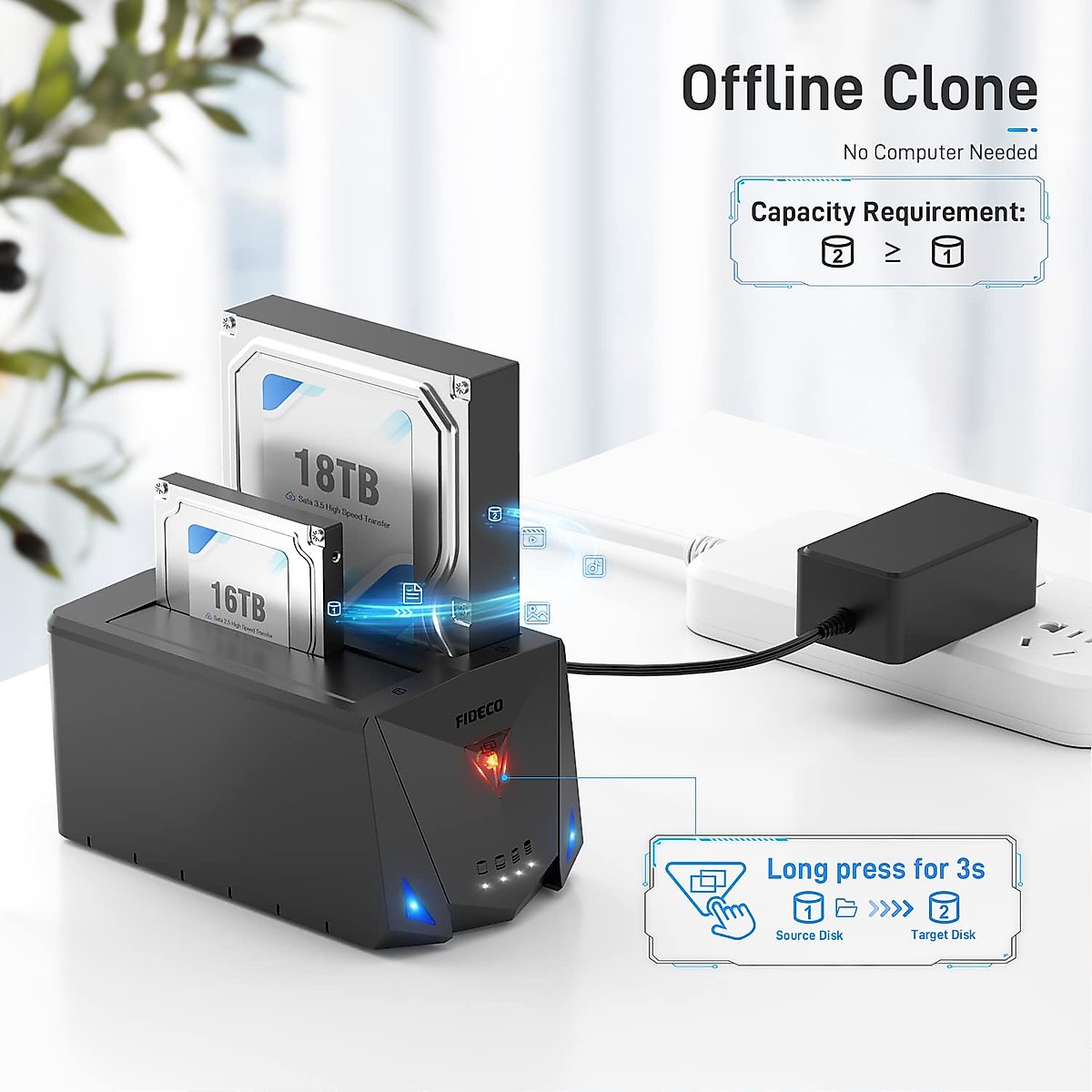 FIDECO USB 3.2 Gen 1 to Hard Drive Docking Station, Hard Drive Dock for 2.5 or 3.5 inch SATA I/II/III HDD SSD with Hard Drive Duplicator/Offline Clone Function and 2 USB Cables, Support UASP