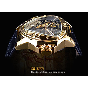 Winner Fashion Mechanical Wrist Watch Triangle Racing Dial, Waterproof Golden Skeleton Dial Automatic Movement Leather Design Mechanical Watch for Men