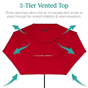 Best Choice Products 10ft 3-Tier Solar Patio Umbrella, Outdoor Market Sun Shade for Backyard, Deck, Poolside w/ 24 LED Lights, Tilt Adjustment, Easy Crank, 8 Ribs - Red