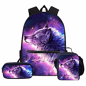 Upetstory Kids Galaxy Wolf School Backpack Teen Girls Boys Schoolbag Set with Lunch Bag Pencil Case Preschooler Primary Student Book Bag Children Daypack Bagpack
