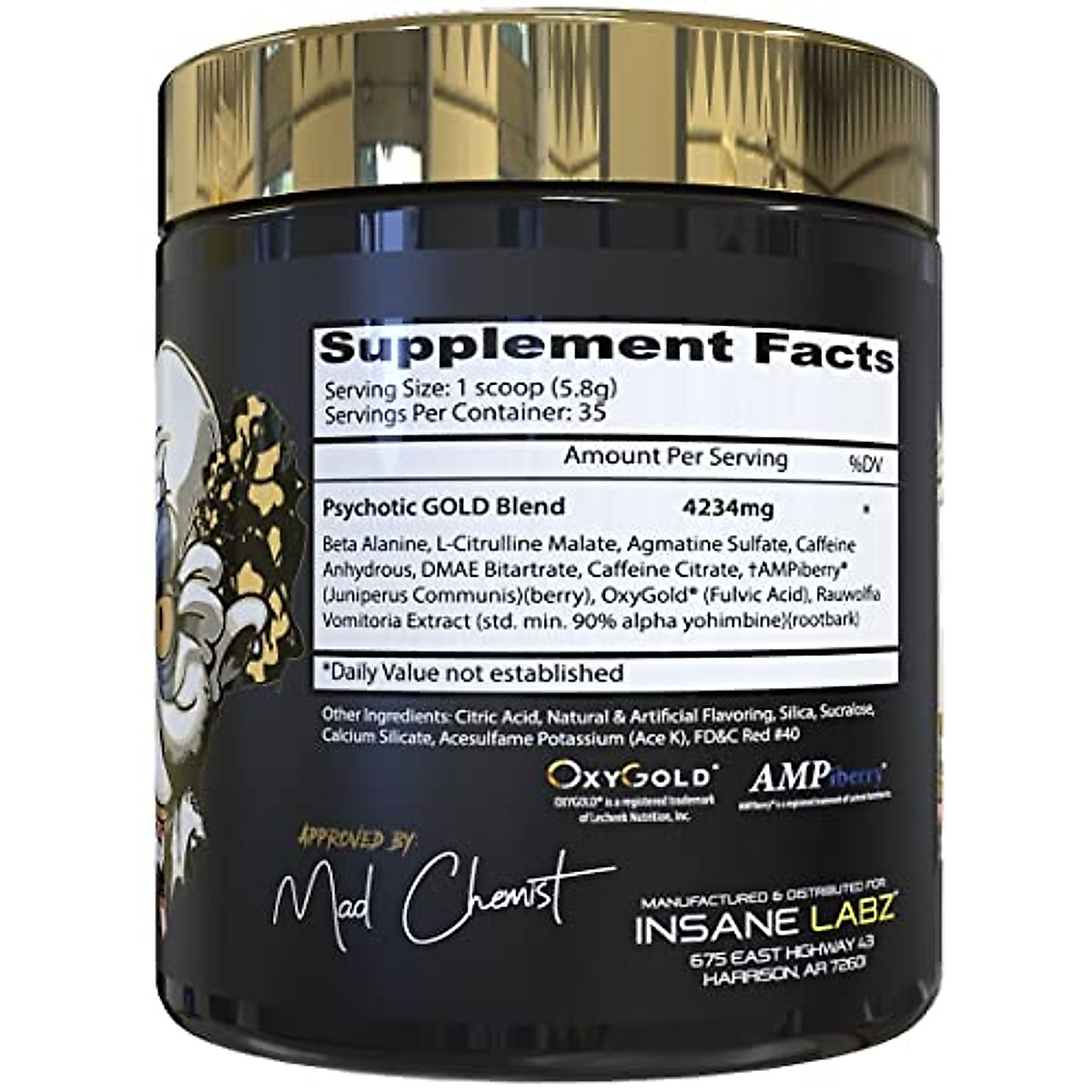 Insane Labz Psychotic Gold, High Stimulant Pre Workout Powder, Extreme Lasting Energy, Focus, Pumps and Endurance with Beta Alanine, DMAE Bitartrate, Citrulline, NO Booster, 35 Srvgs