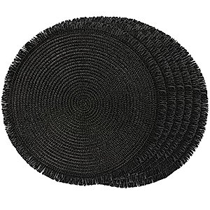 FunWheat Paper Round Braided Placemats Set of 6 for Dining Tables 15 Inch Heat Resistant Table Mats Farmhouse Woven Fabric Natural Place mats for Decoration with Tassel(Black)